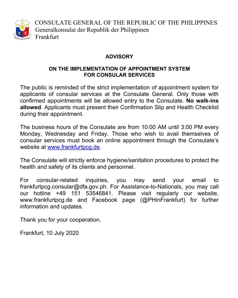 Advisory on the Implementation of Appointment System for Consular Services