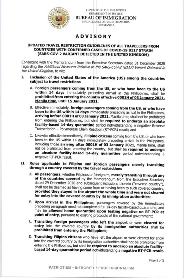 Bureau of Immigration’s Advisory as of 01 January 2021